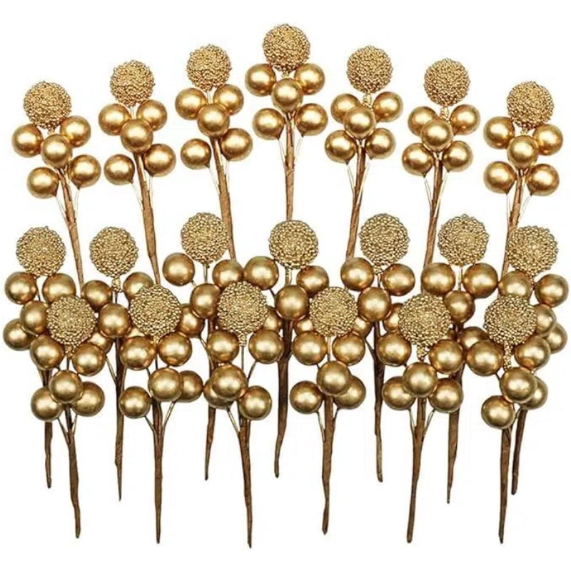 Janrevotw 20 Branch Gold Holly Berry Stems Artificial Berries Picks for ...