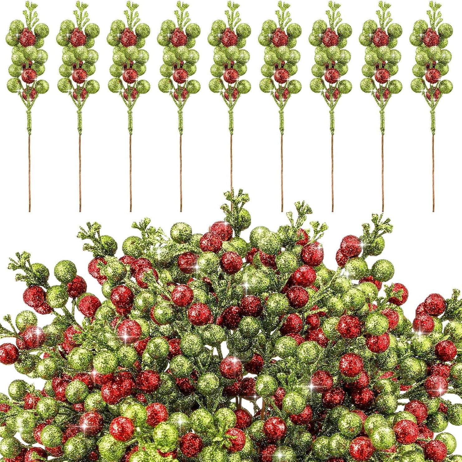 Janrevotw 24 Pack Christmas Glitter Berry Stem 8 Inch Red Green ...