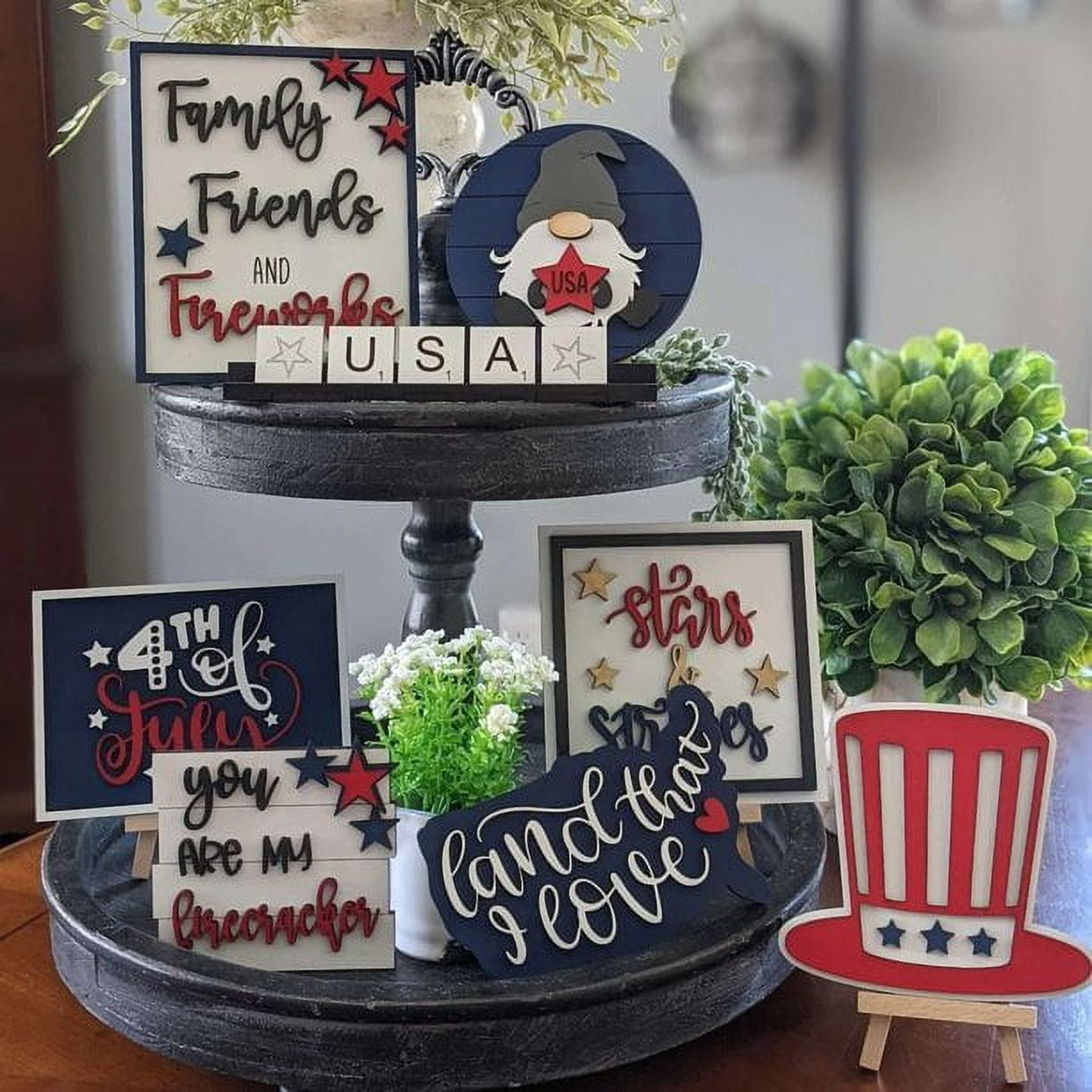 Janrevotw 8 Pieces Patriotic Wooden Signs July 4 Layered Tray Decor ...