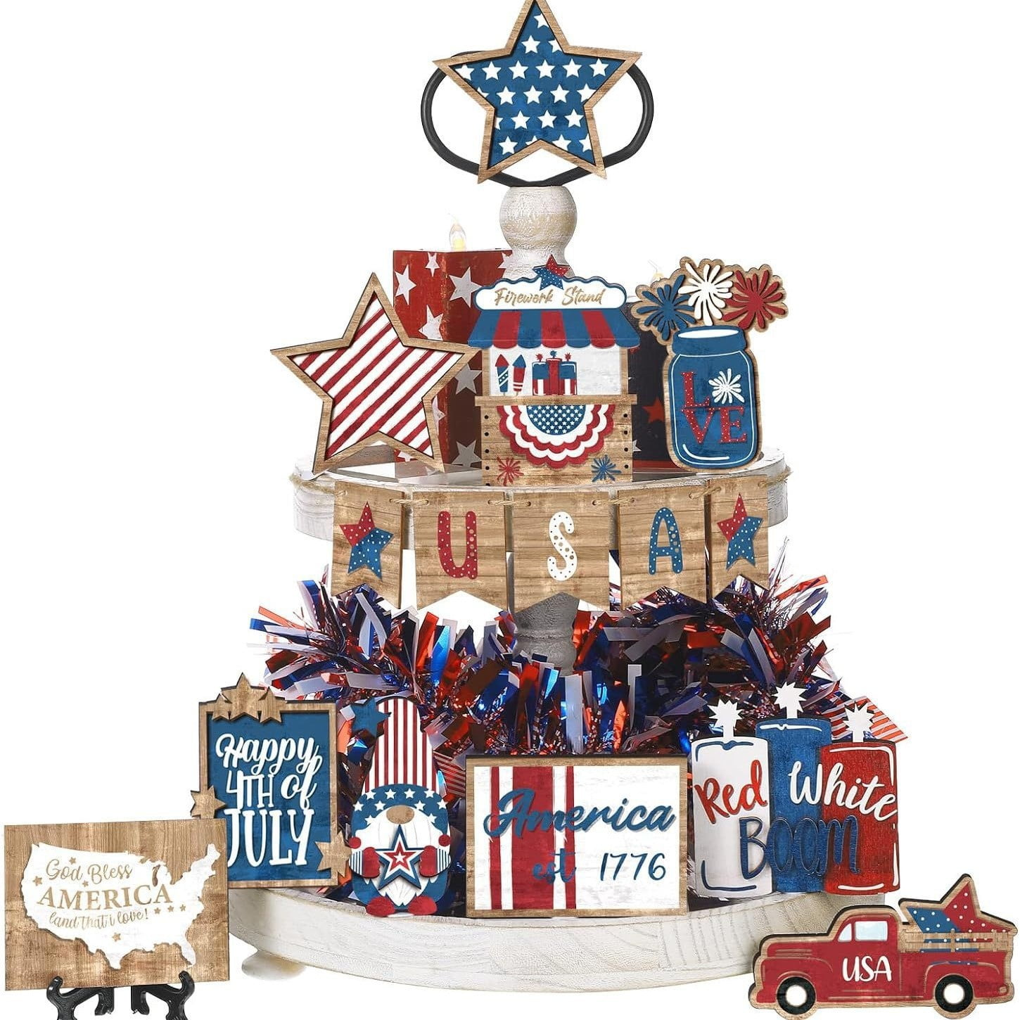 Janrevotw Patriotic Tiered Tray Decor Set, 15 Pack Wooden 4th Of July ...