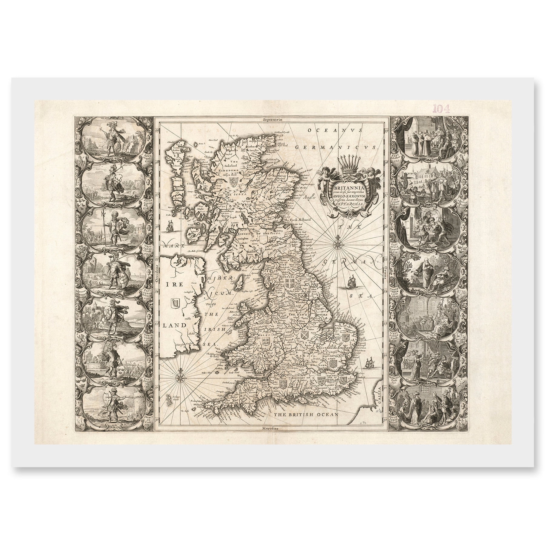 Jansson 17th Century Anglo Saxon Map Britain Brittania Artwork Framed ...