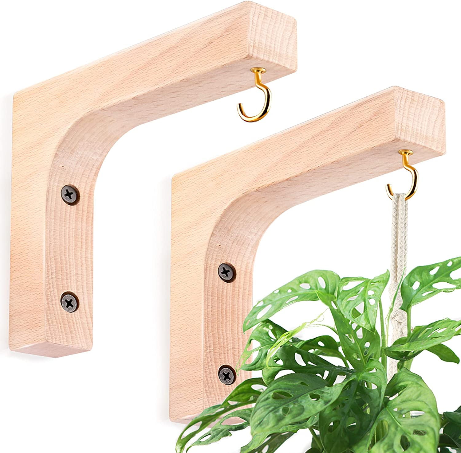 Jantens 2 Pack Hanging Plant Hook, Plant Hangers Indoor, Wooden Hanging ...