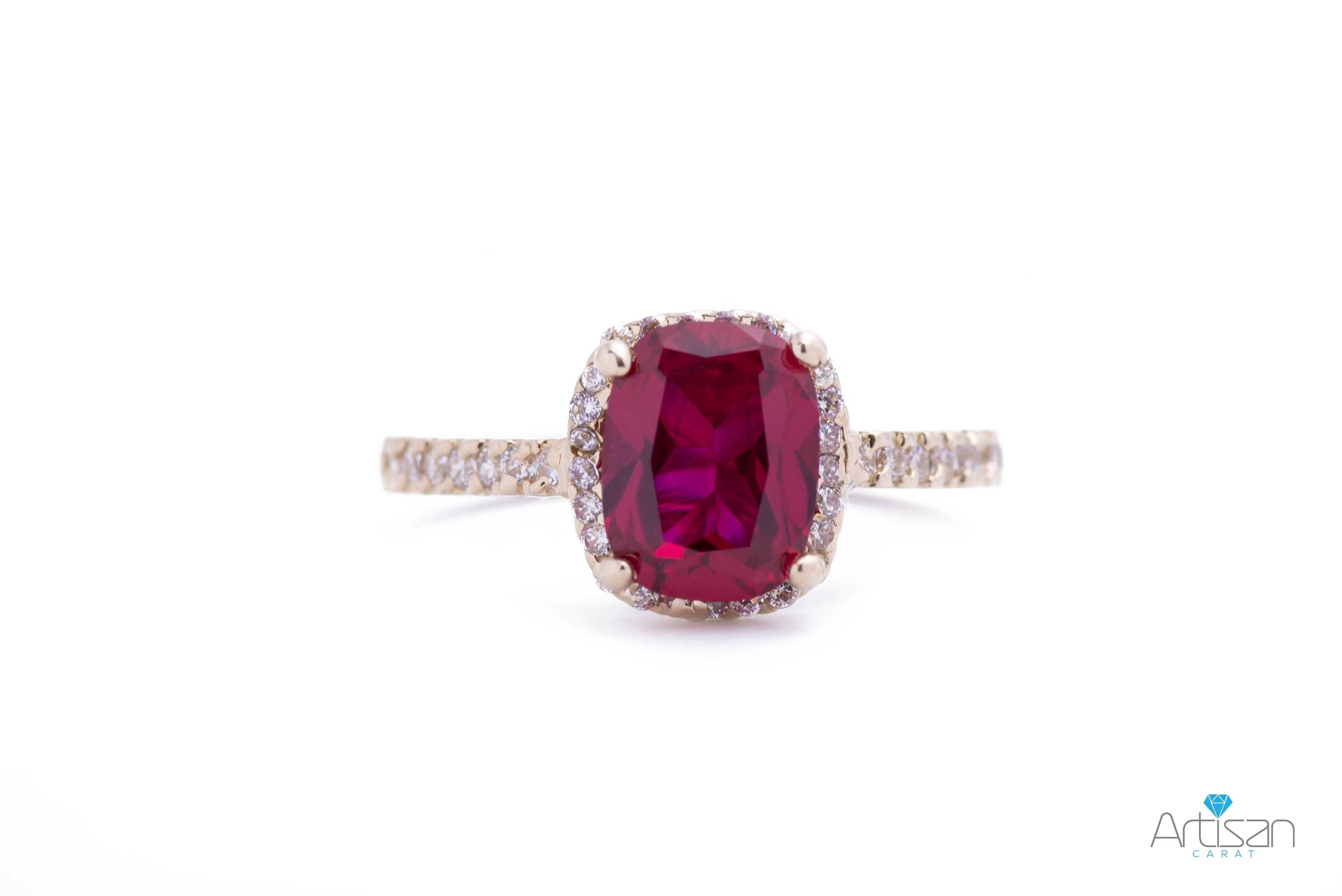 January Garnet Red Halo Cushion Cut CZ Birthstone Ring in 14k Yellow ...