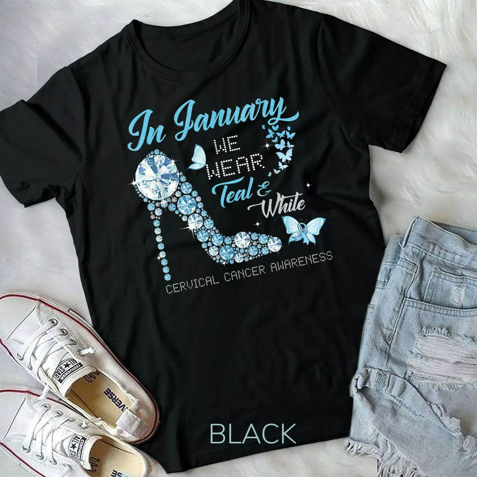January Teal and White, High Heel, and Cervical Cancer Awareness Unisex ...