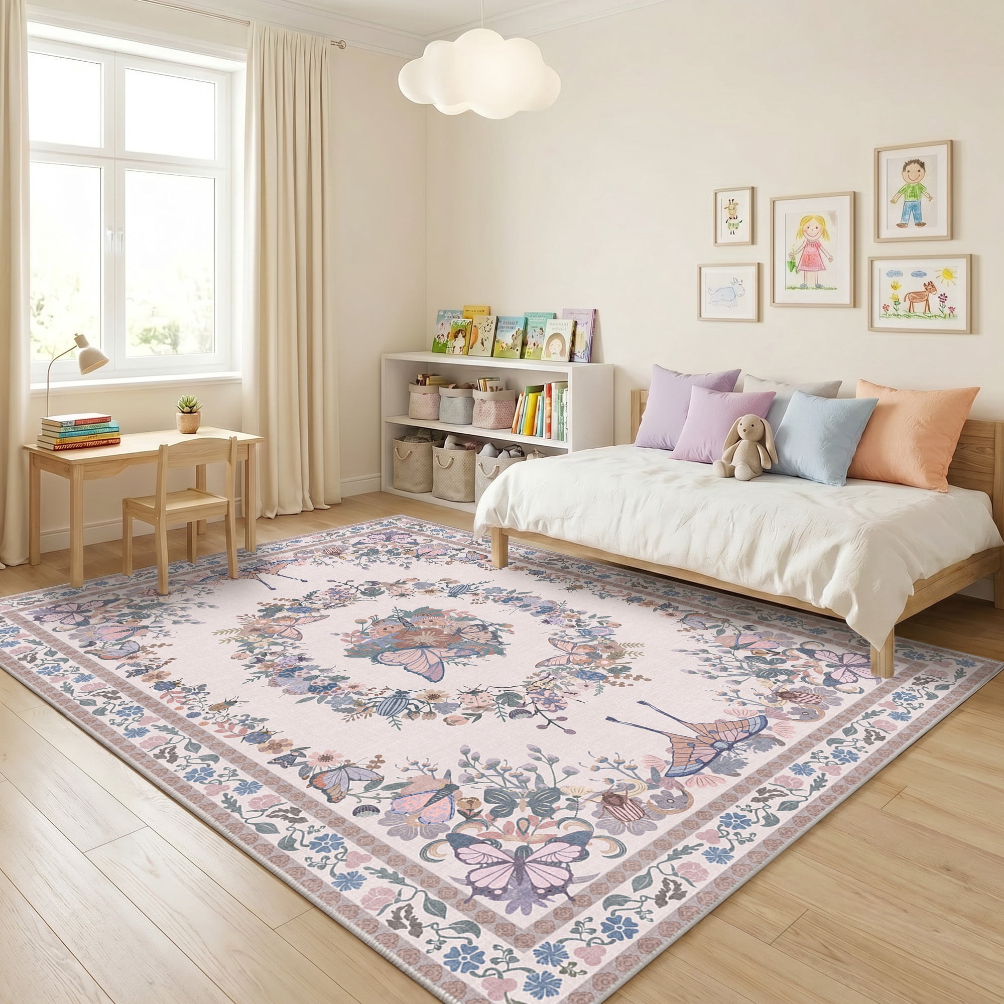 Janvonne 5'x7' Pink Butterfly Floral Area Rug, Non-Slip Washable Soft ...