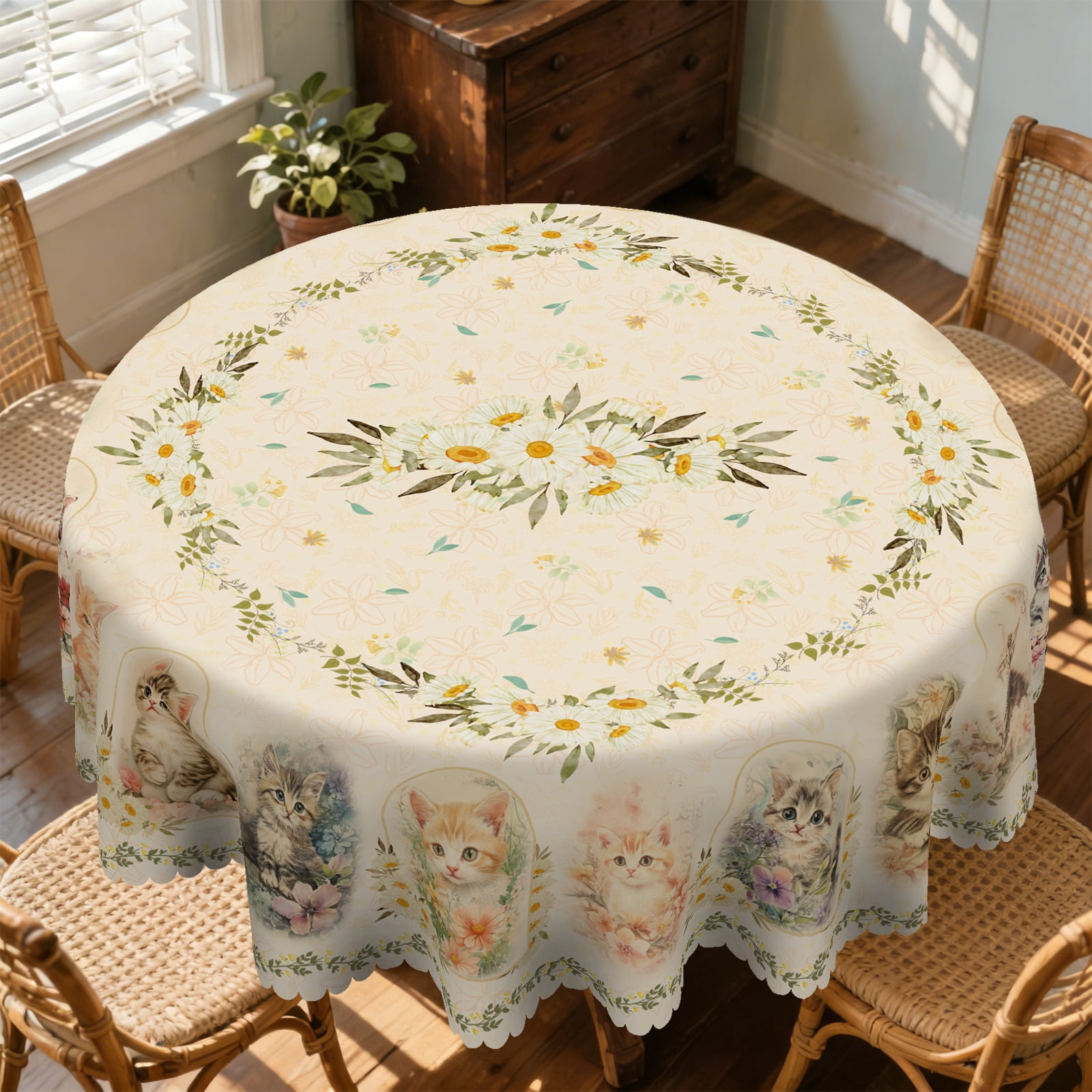 Janvonne Kitten Floral Round Tablecloth 60" Waterproof & Stain ...
