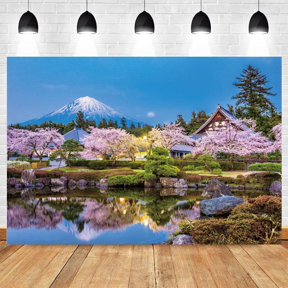 Japan Backdrop Japanese Cherry Blossoms Mount Fuji Landscape Living ...