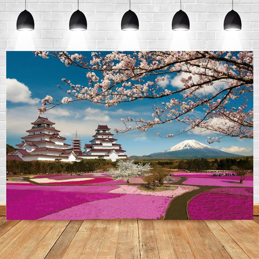 Japan Backdrop Japanese Cherry Blossoms Mount Fuji Landscape Living ...