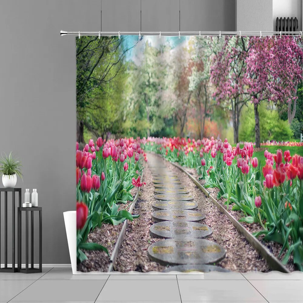 Japan Cherry Flower Fuji Mountain Scenery Shower Curtains Spring Floral ...
