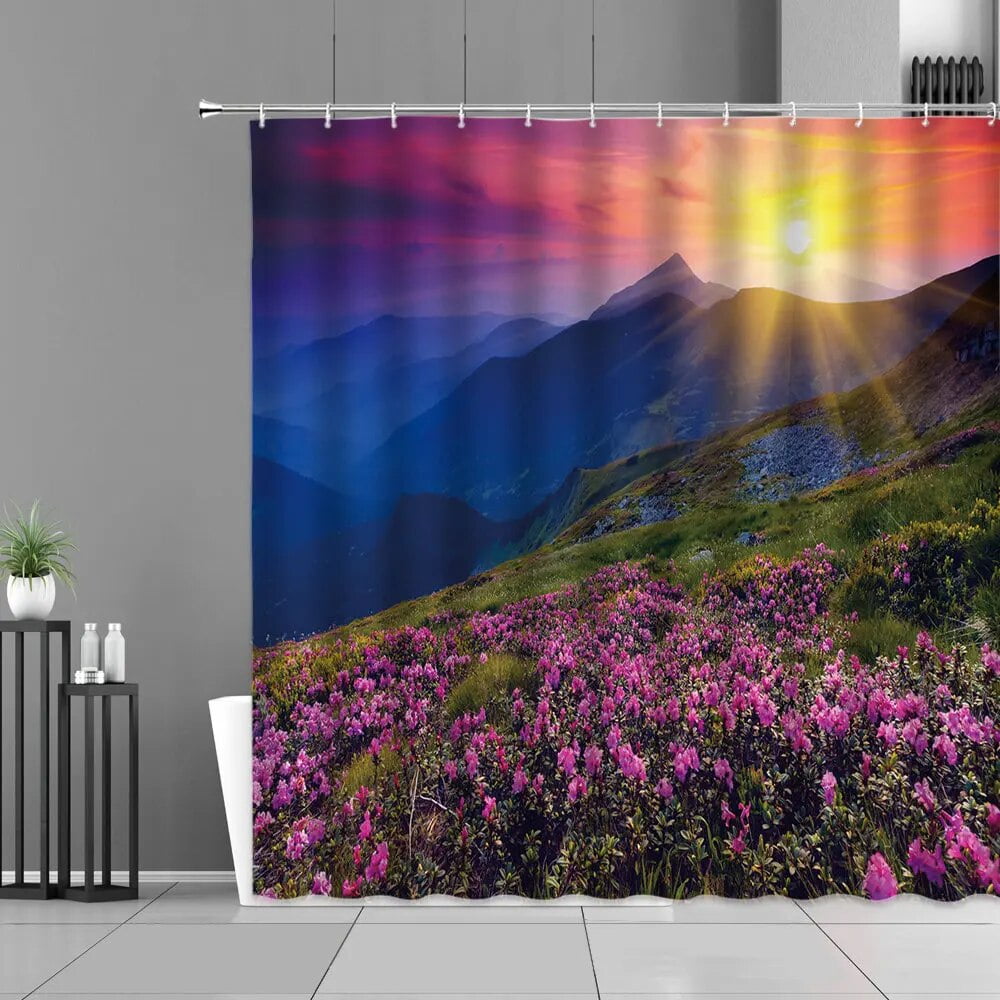 Japan Cherry Flower Fuji Mountain Scenery Shower Curtains Spring Floral ...