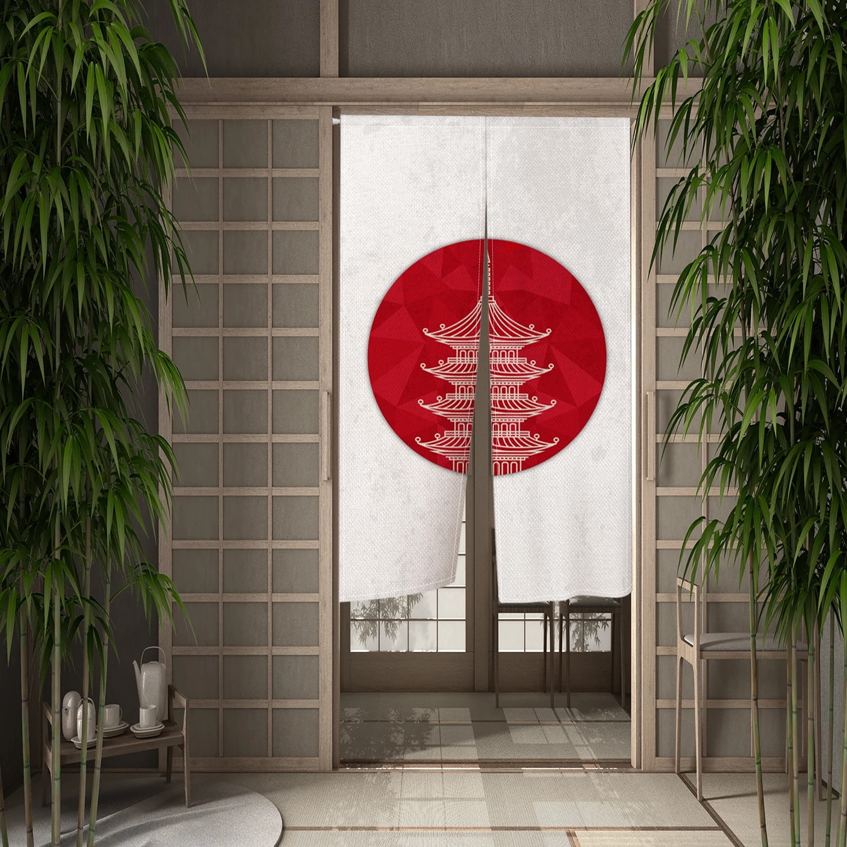 Japan Door Curtains Red Sun Japanese Shrine Door Red Round Plum Blossom ...