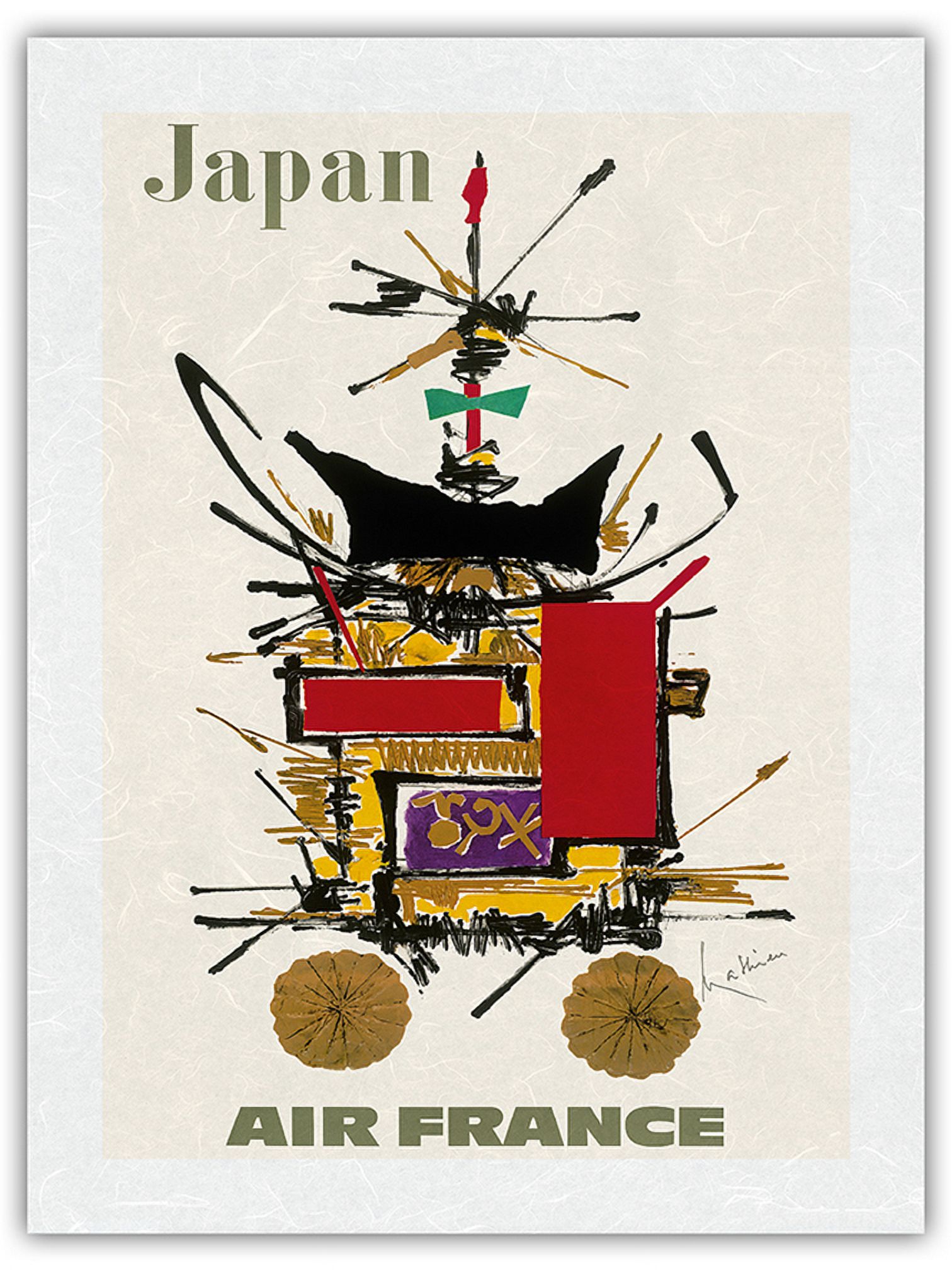 Japan - France - Abstract Japanese Temple - Vintage Airline Travel Poster by Georges Mathieu c ...