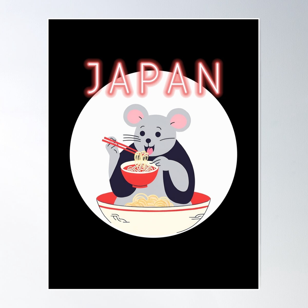 Japan Grey Rat Japanese Eating Ramen Cute Green Noodles Poster Wall Art ...