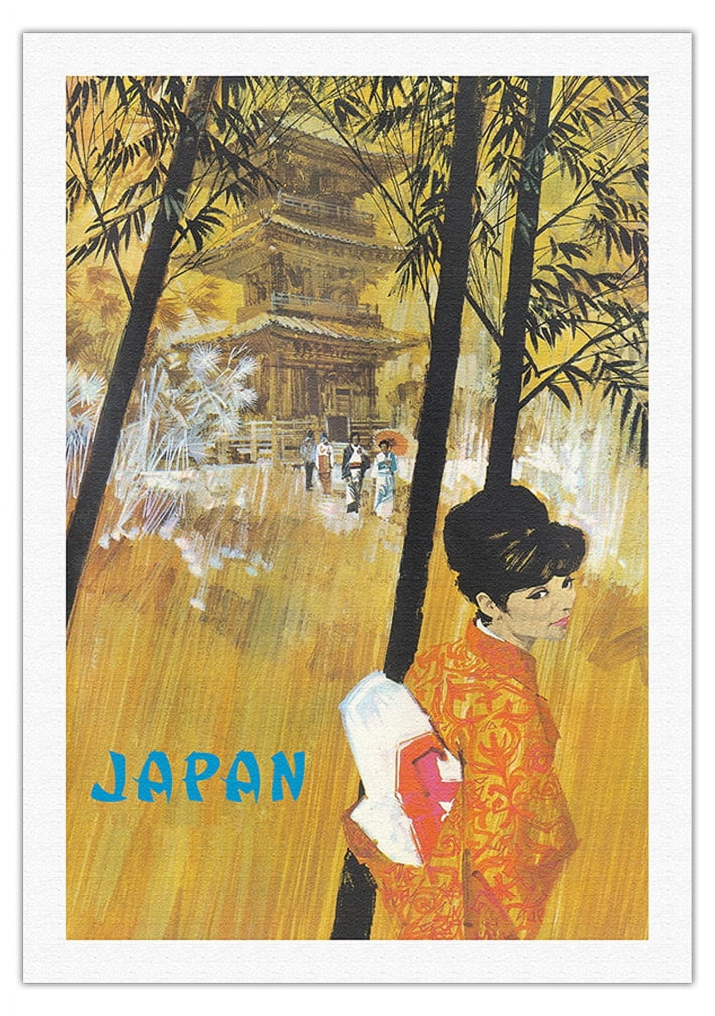 Japan - Japanese Woman at a Shinto Temple - Vintage Travel Poster c ...
