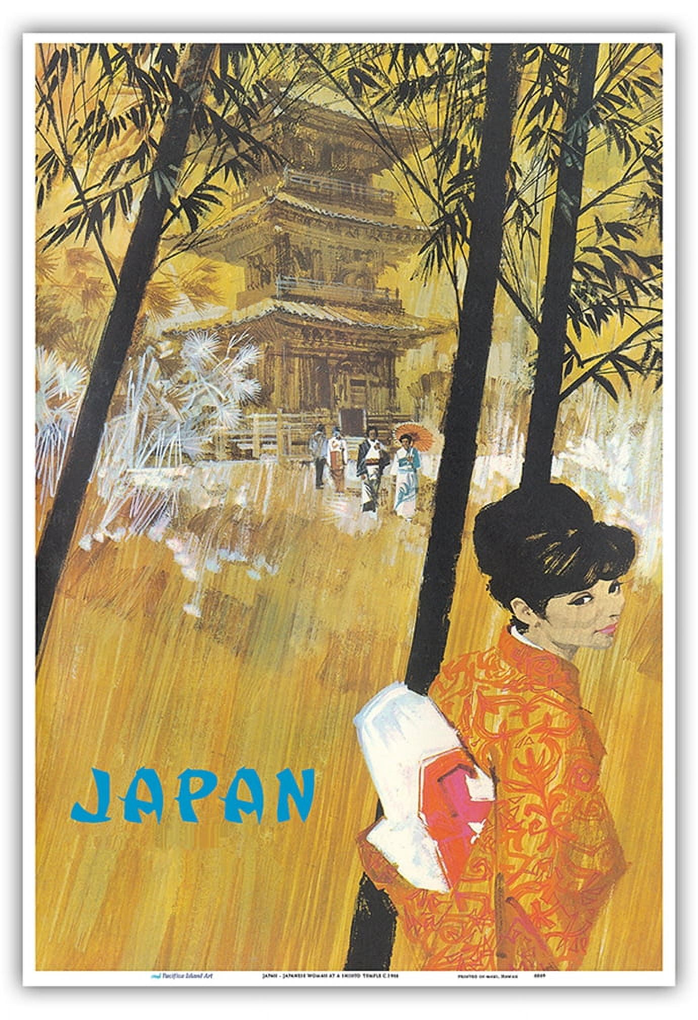 Japan - Japanese Woman at a Shinto Temple - Vintage Travel Poster c ...