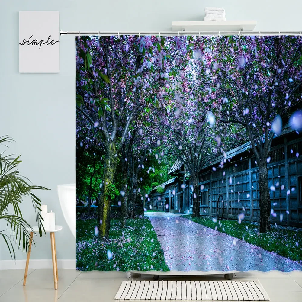Japan Mount Fuji Scenery Shower Curtain Pink Cherry Blossom Flower ...