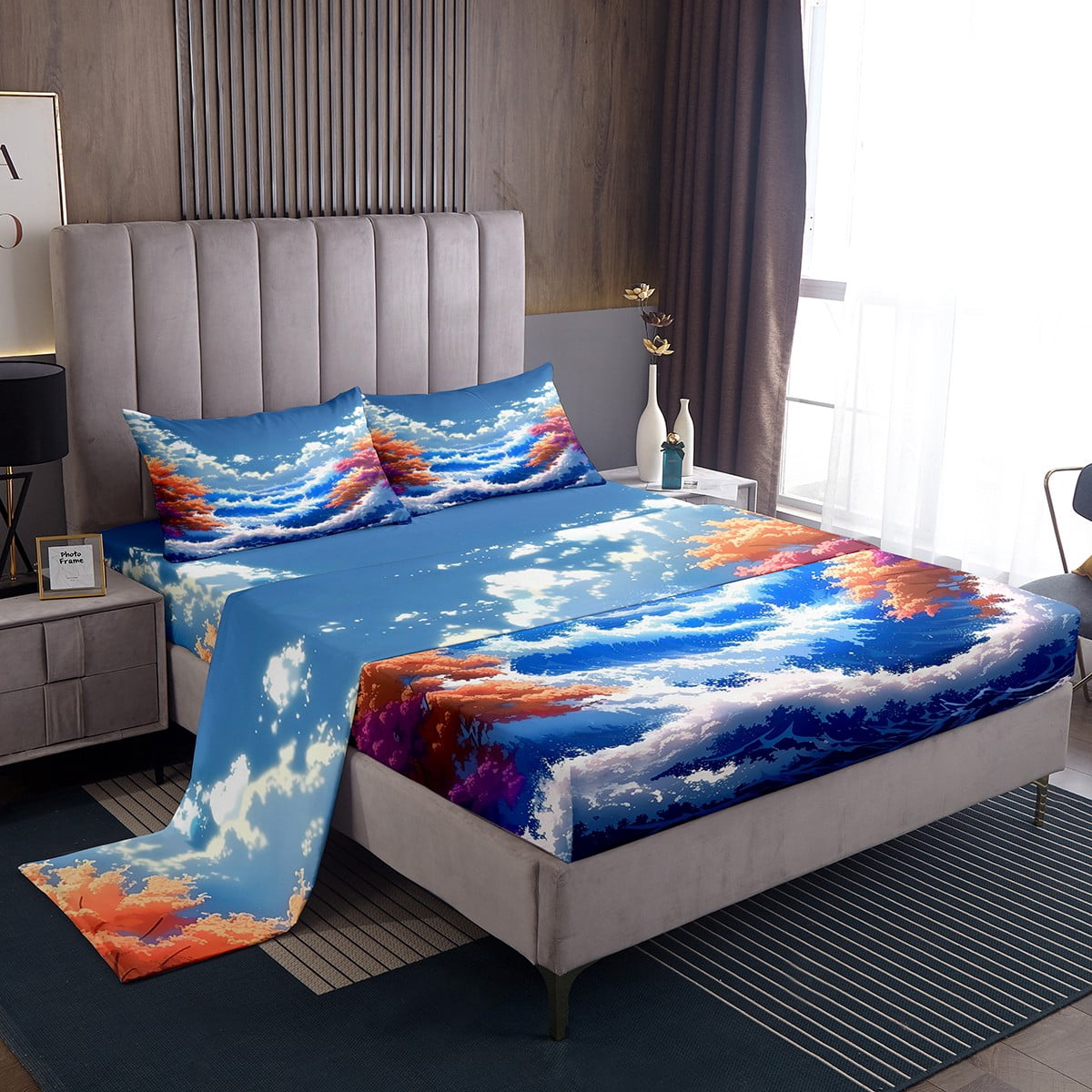 Japanase Wave Sheets Japanese Ukiyoe Trees Sheet Set Queen, Blue Ocean Waves Bed Sheets Set Sky ...