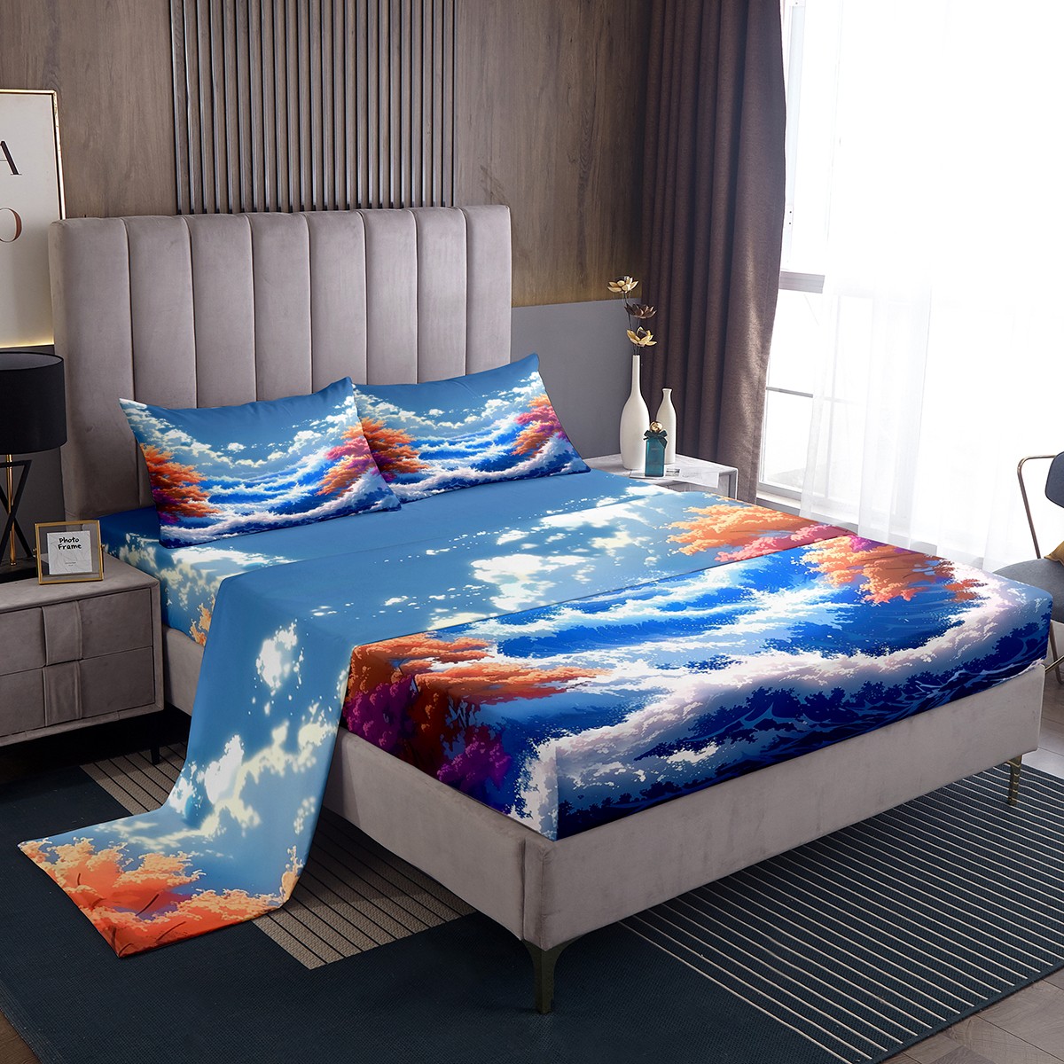 Japanase Wave Sheets Japanese Ukiyoe Trees Sheet Set Twin, Blue Ocean ...