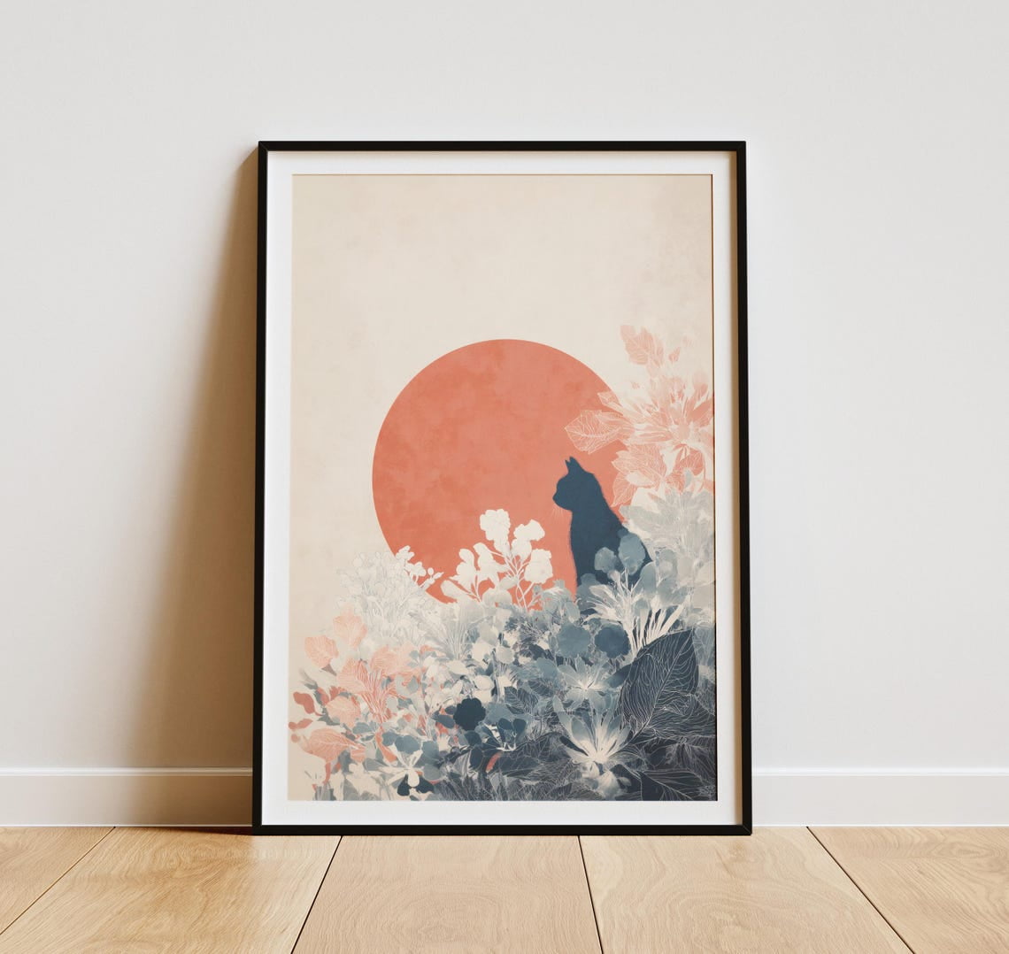 Japandi Cat Poster, Red Sun, Botanical Zen Wall Art Home Decor #2010 ...