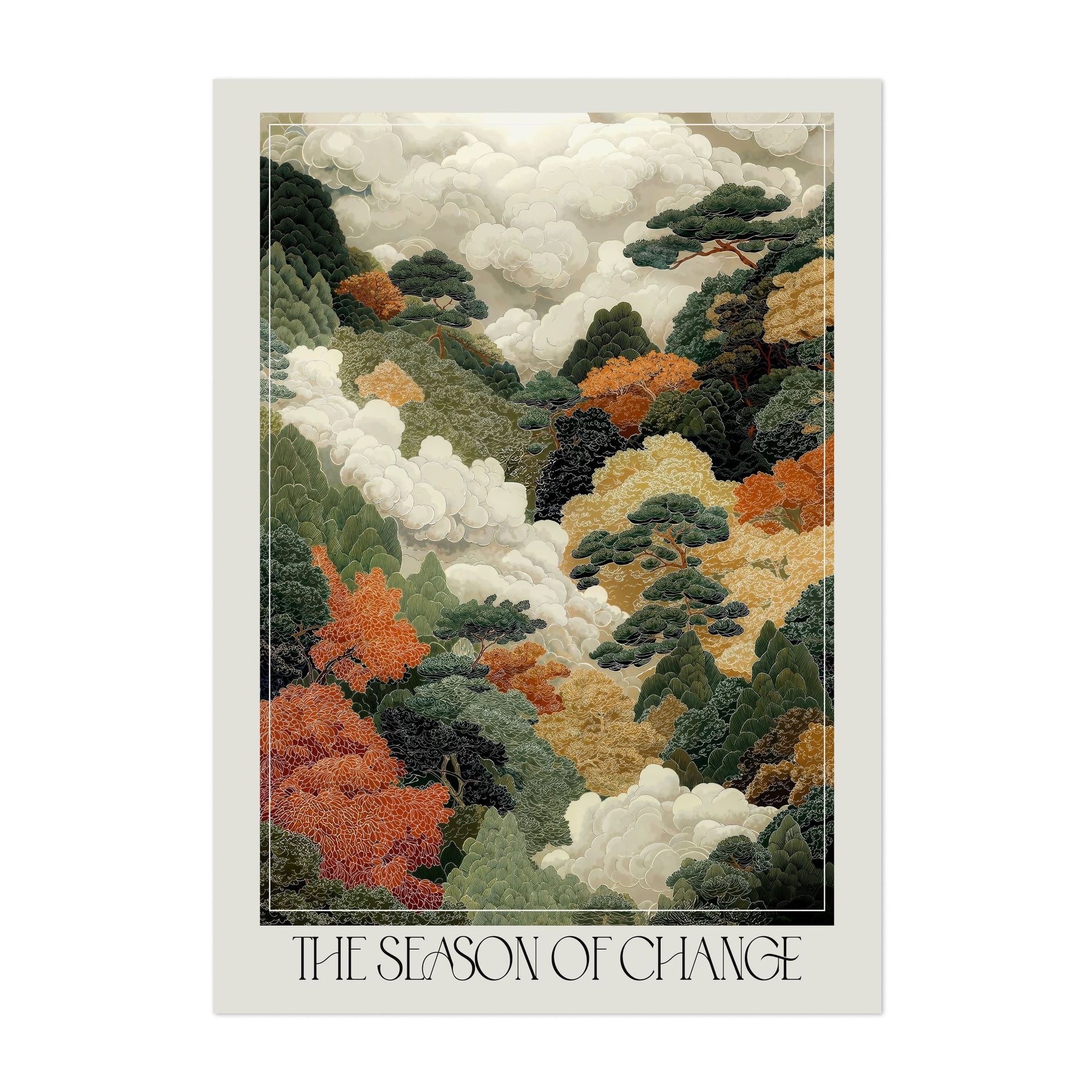 Japandi Fall Forest printable Wall Art maximalist Autumn Decor Art Nouveau Japanese Poster sage ...