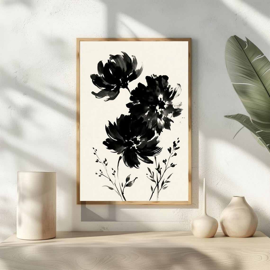 Japandi Floral Art Sumi-e Ink Wash Black Ink Flower Zen, Unframed ...