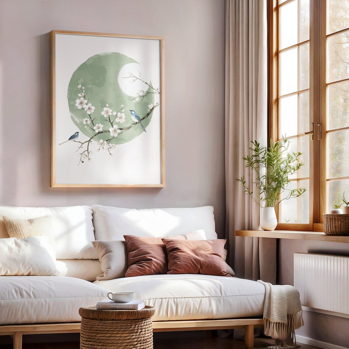 Japandi Sage Green Moon Sakura Art, Oriental Asian Bird Landscape Art ...