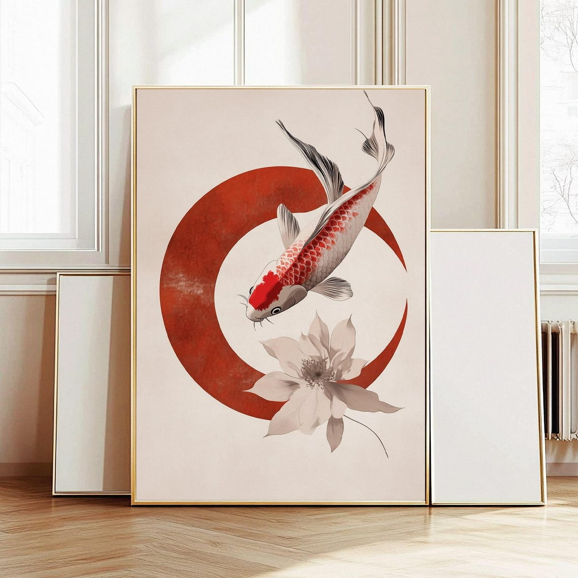 Japandi Style Wall Art, Koi Fish Able Image, Red Moon Motive Cream ...