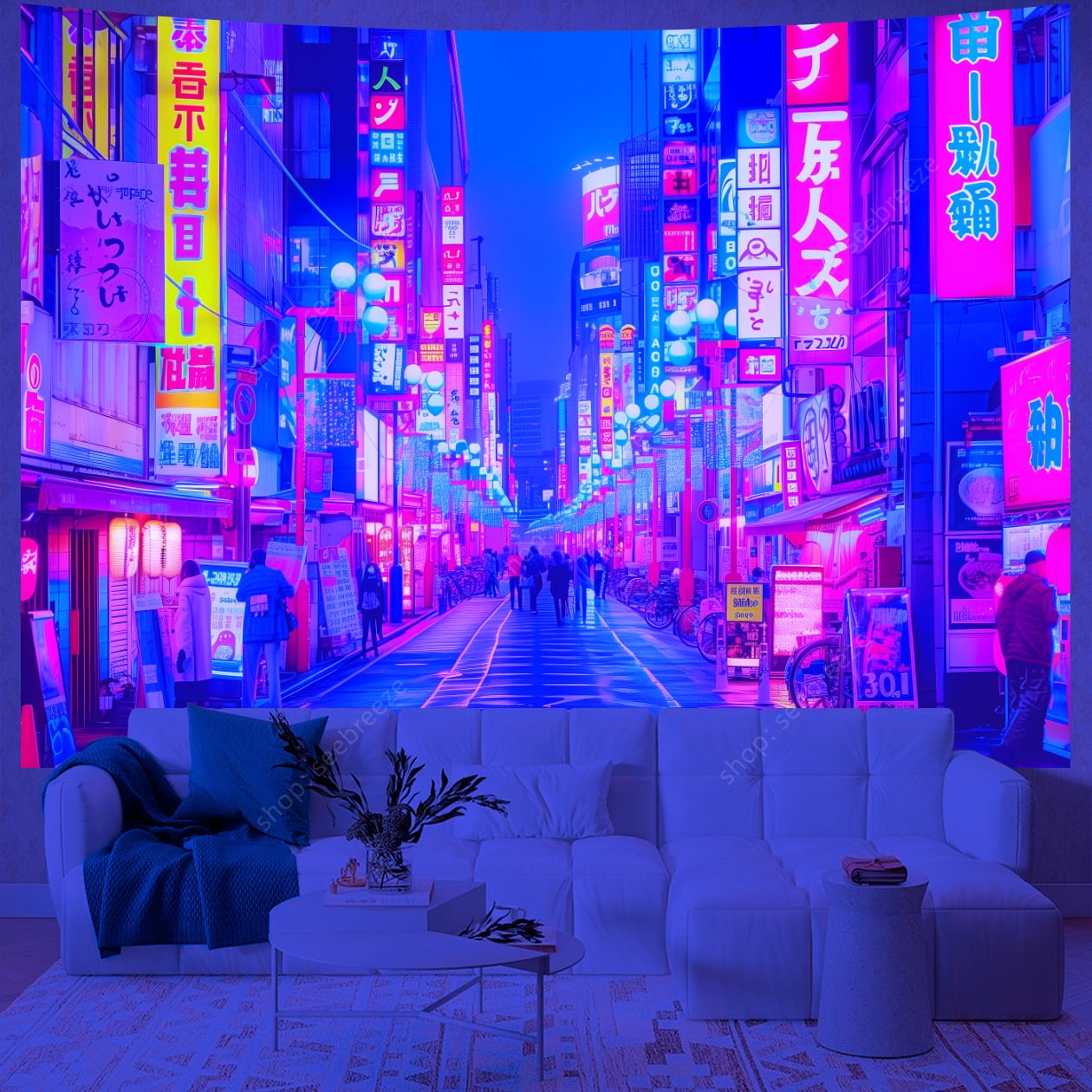 Japanese Anime Art UV Reactive Tapestry Tokyo Bustling Night Market ...