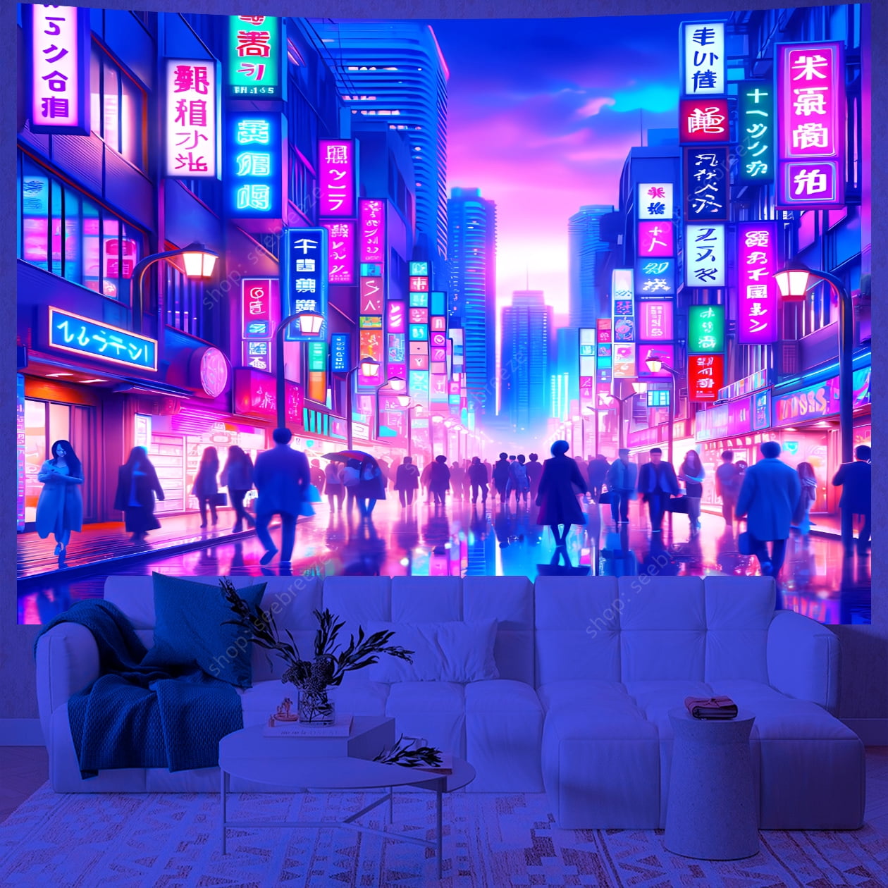 Japanese Anime Art UV Reactive Tapestry Tokyo Bustling Night Market ...