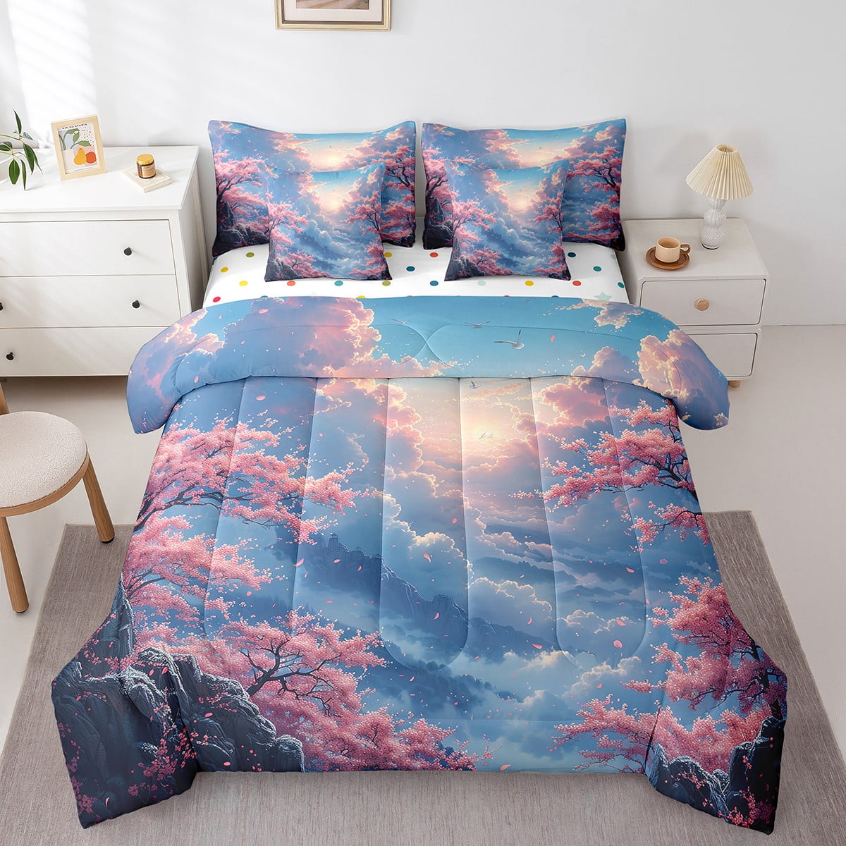 Japanese Anime Bedding Comforter Sets 7pcs Pink Cherry Blossoms Bed in ...