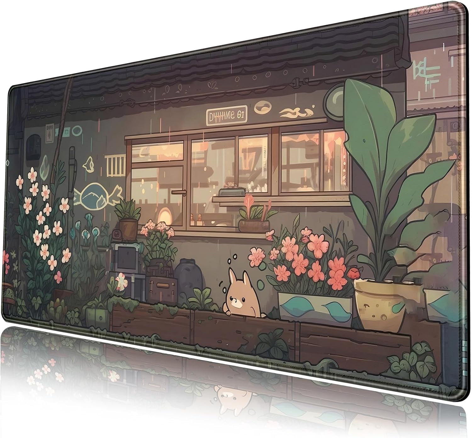 Japanese Anime Desk Mat Kawaii Cat Cute Desk Pad Green Plants Large ...
