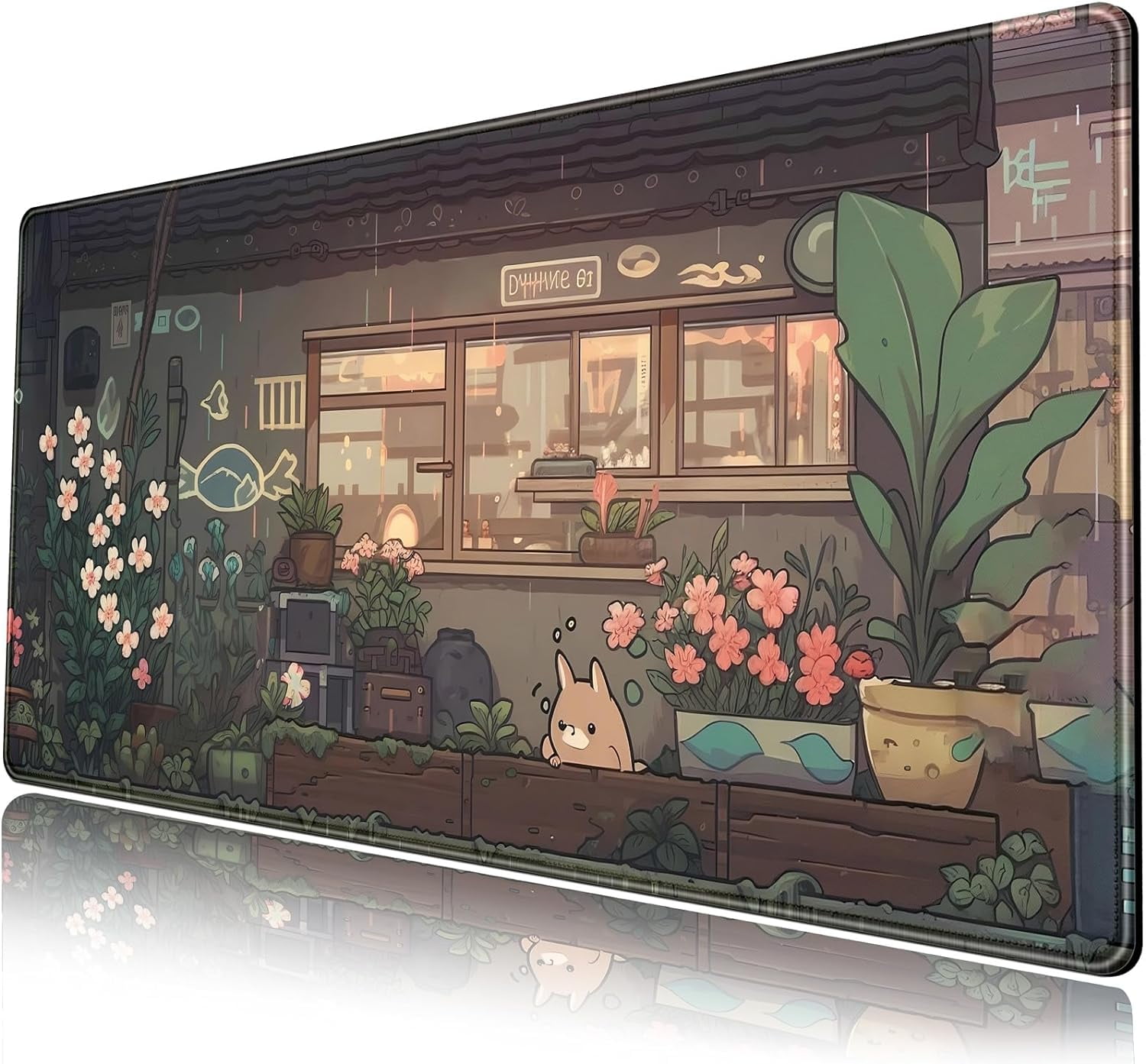 Japanese Anime Desk Mat Kawaii Cat Cute Desk Pad Green Plants Large ...