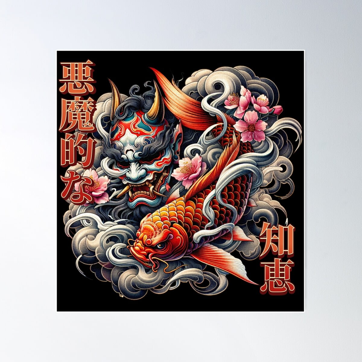 Japanese Anime Samurai Demon Mask Koi Fish Gift Poster Wall Art, Modern ...
