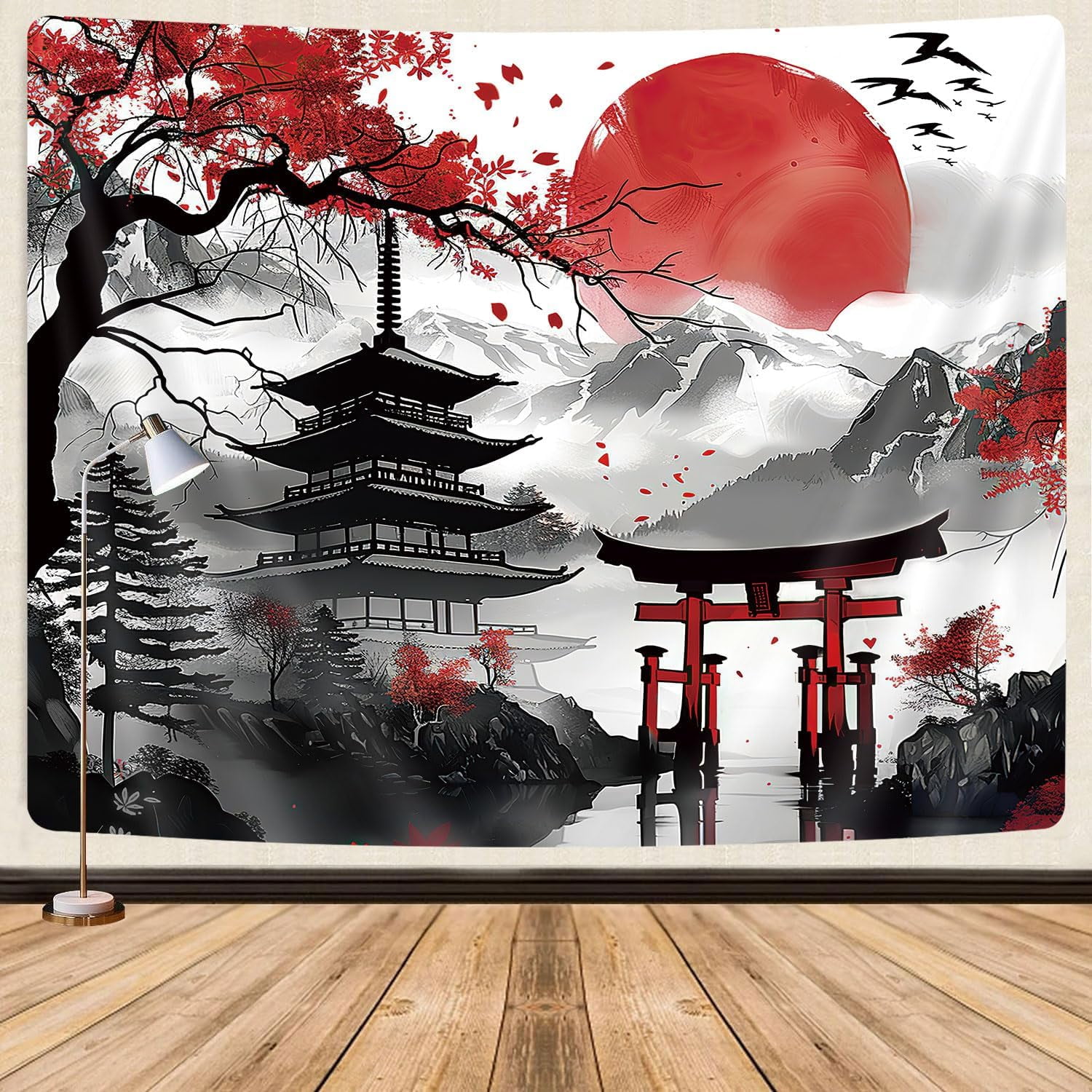 Japanese Anime Tapestry, Cool Japan Cherry Blossom Floral Mountain Sun ...