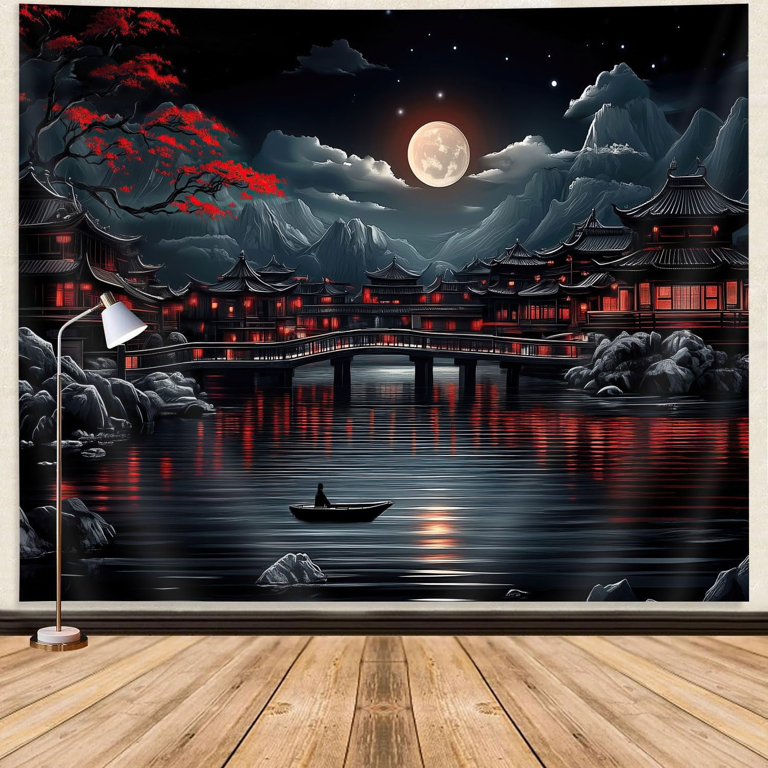 Japanese Anime Tapestry, Cool Red and Black Dark Nature Mountain ...