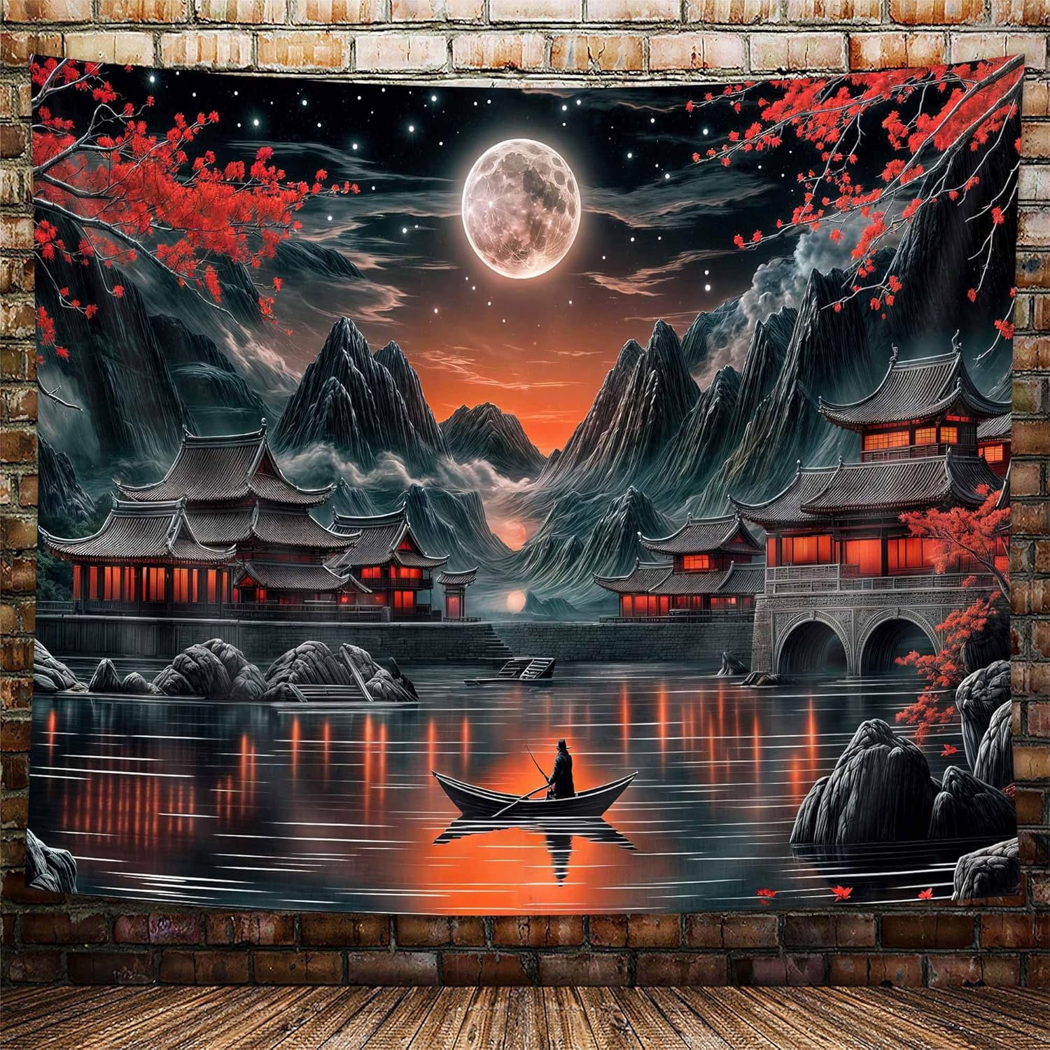 Japanese Anime Tapestry, Cool Red and Black Dark Nature Mountain ...
