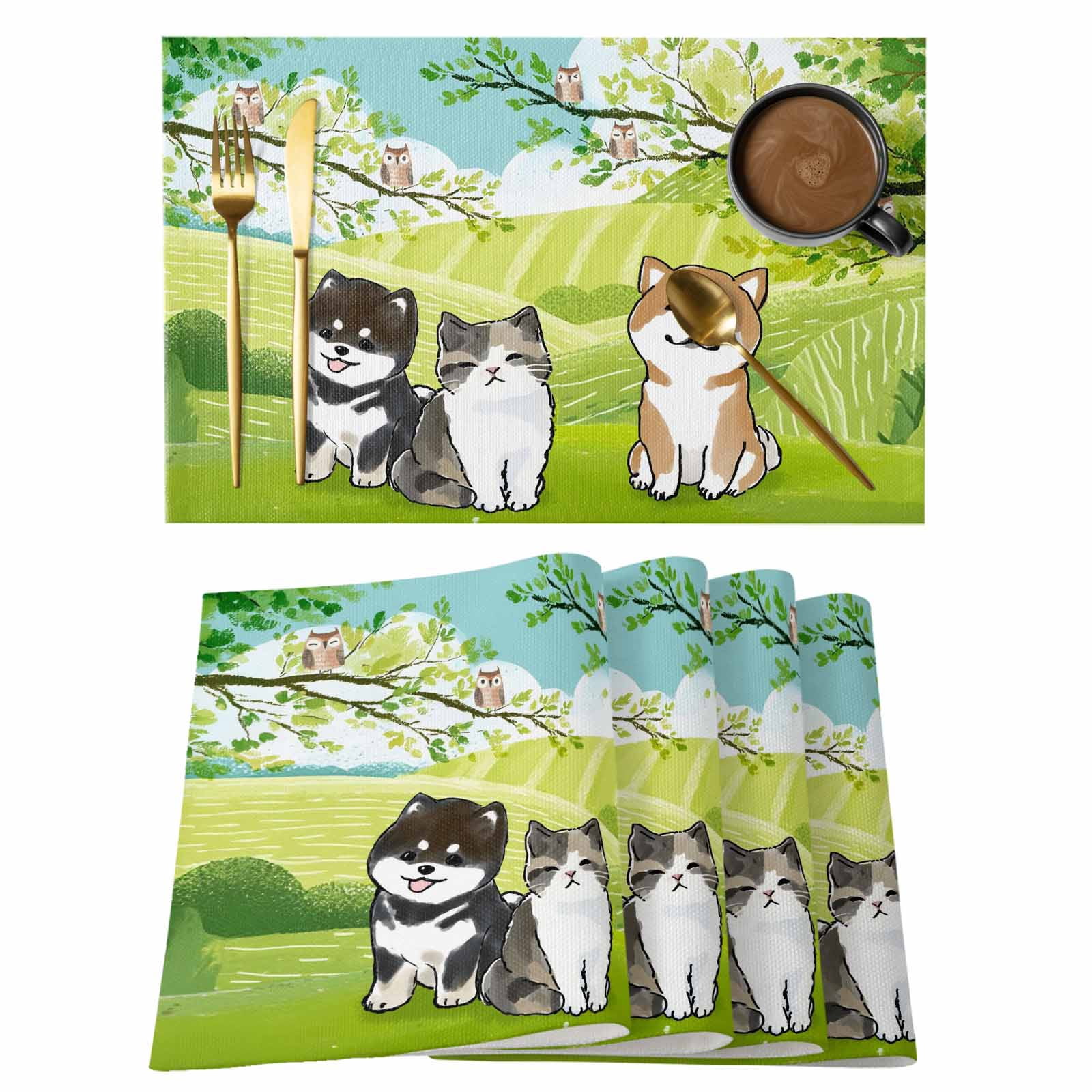Japanese Aquatian Dogs Placemats Set of 12, Cute Cats Spring Green ...