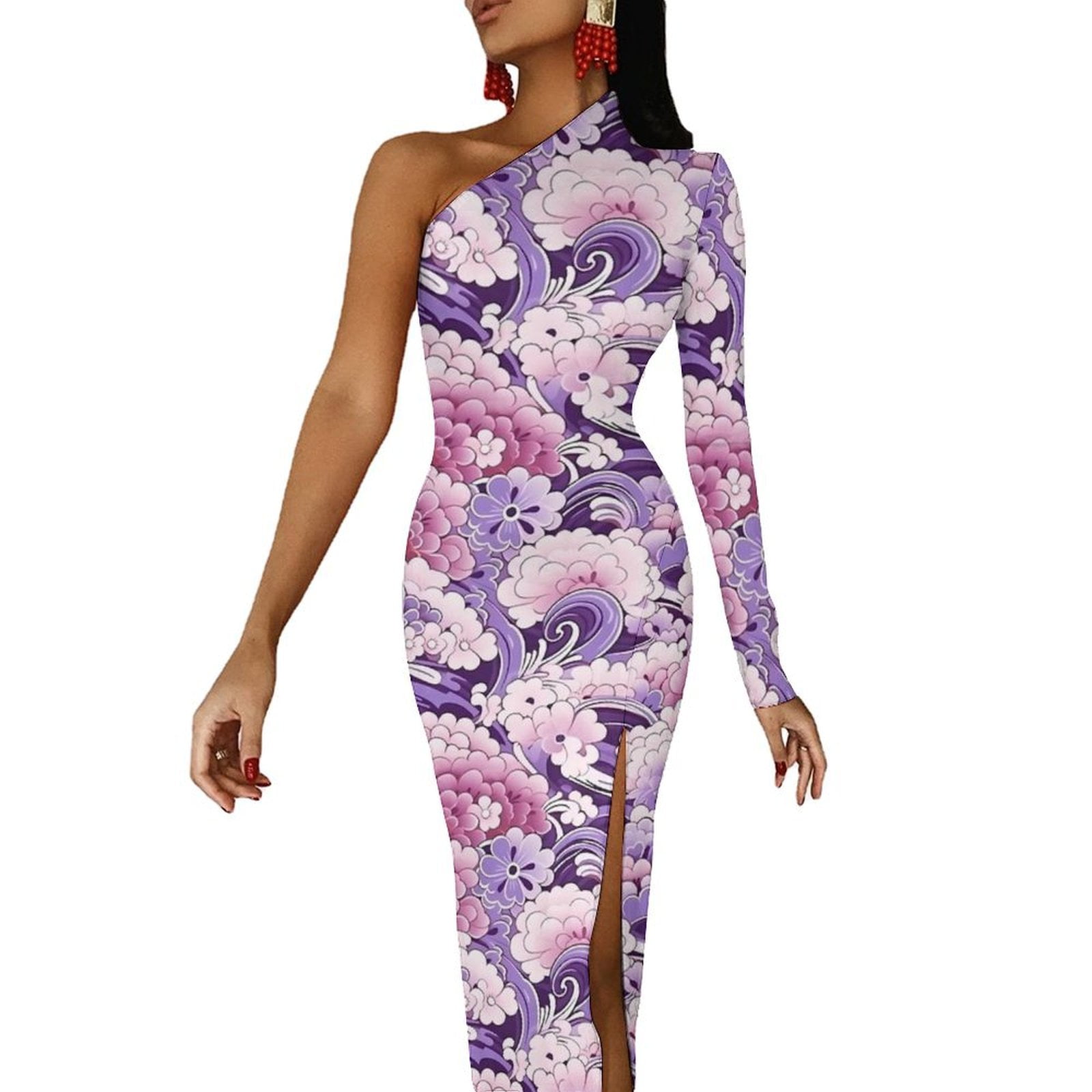 Japanese Art Bodycon Dress Summer Flower Print Night Club Side Split ...