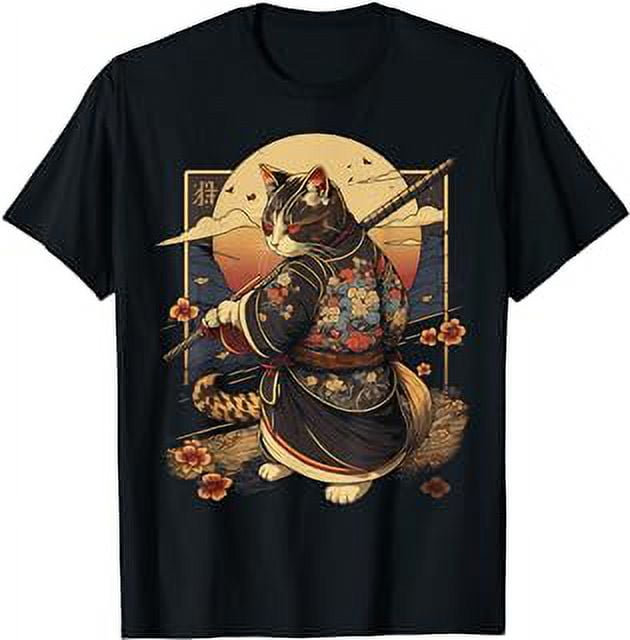Japanese Art Cat Ninja Ukiyo-e Anime Style Samurai Cat T-Shirt ...