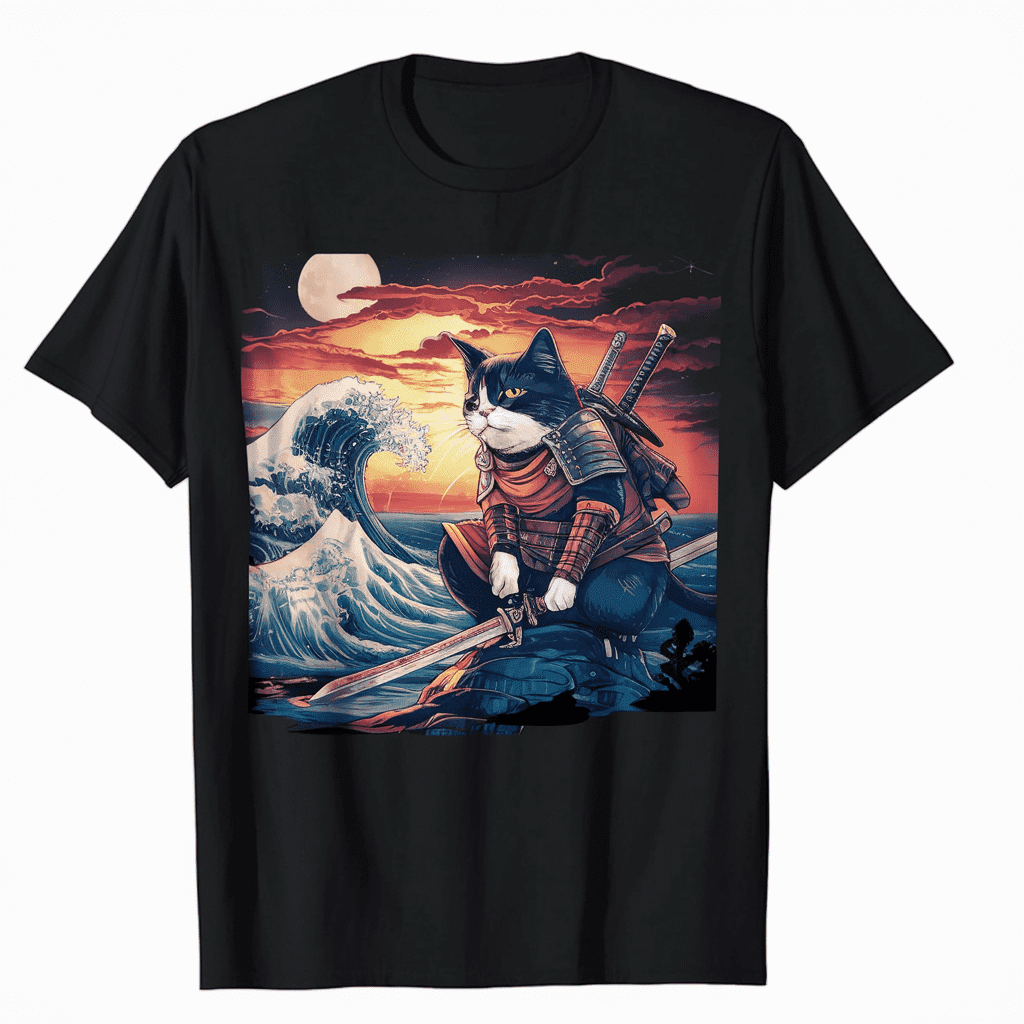 Japanese Art Cat Ninja Ukiyo-e Anime Style Samurai Cat T-Shirt ...