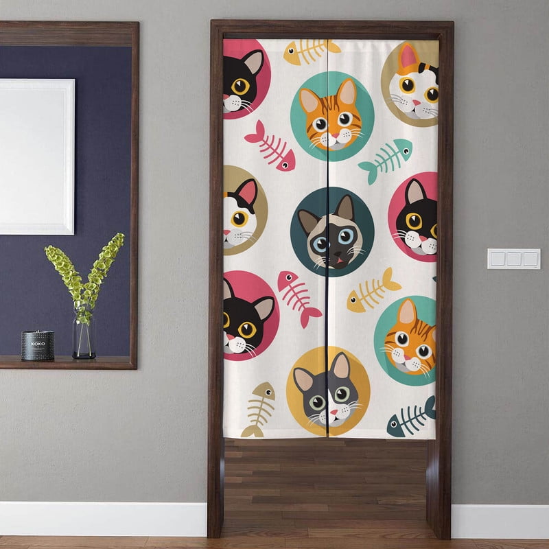 Japanese Art Noren Door Curtain, Color Small fish kitten Pattern ...