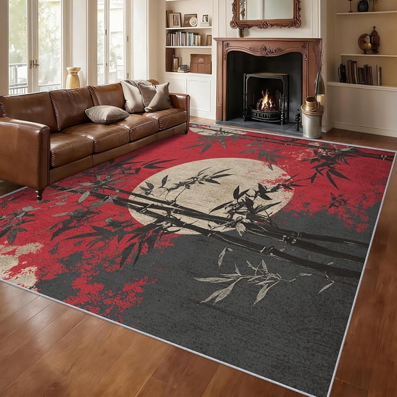 Japanese Bamboo Leaves Area Rugs, Asian Zen Pattern Carpet, Washable ...