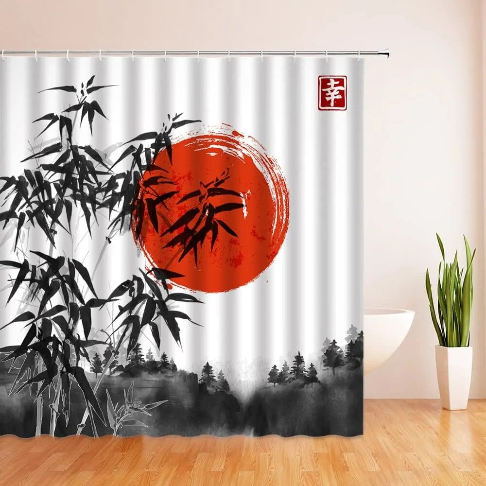 Japanese Bamboo Shower Curtain Chinese Ink Painting Abstract Black Tree ...