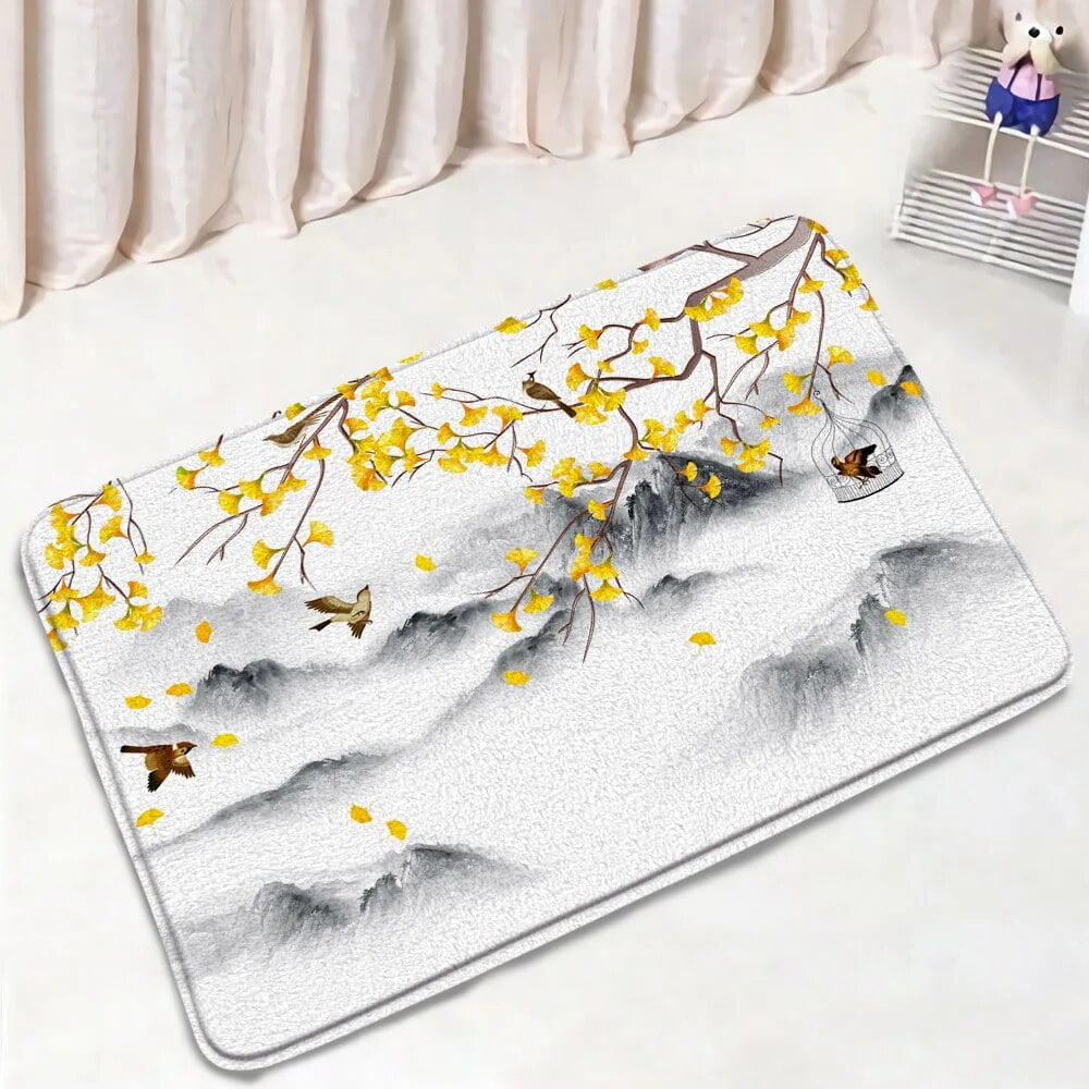 Japanese Bath Mat Set Pink Cherry Blossom Sun White Crane Sea Waves ...