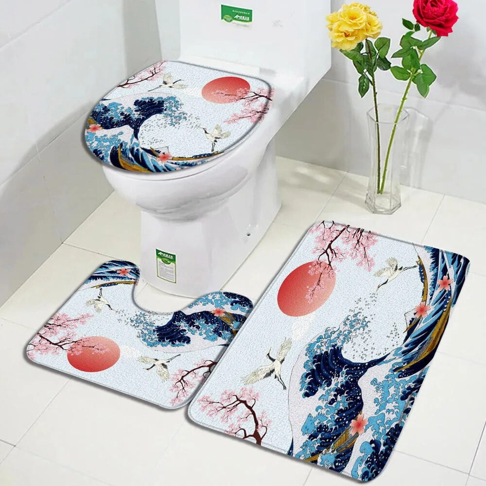 Japanese Bath Mat Set Pink Cherry Blossom Sun White Crane Sea Waves ...