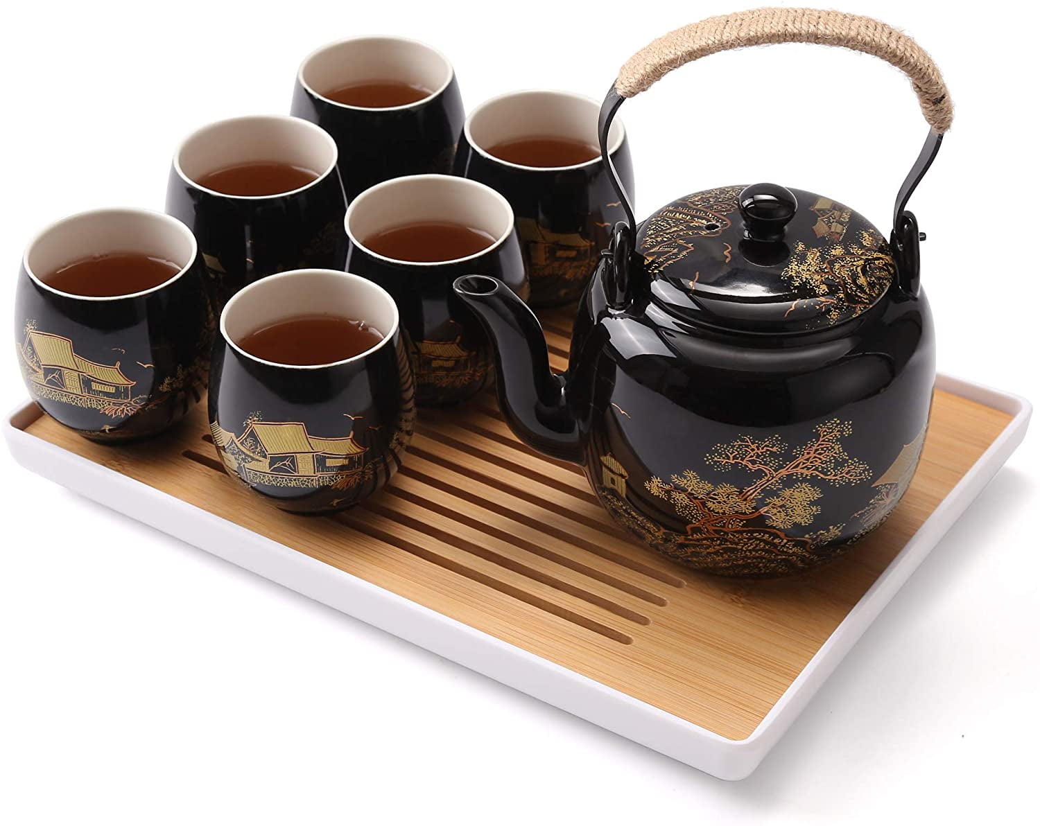 Japanese Beautiful Asian Porcelain Tea Set, Black with 1 Teapot, 6 Tea ...