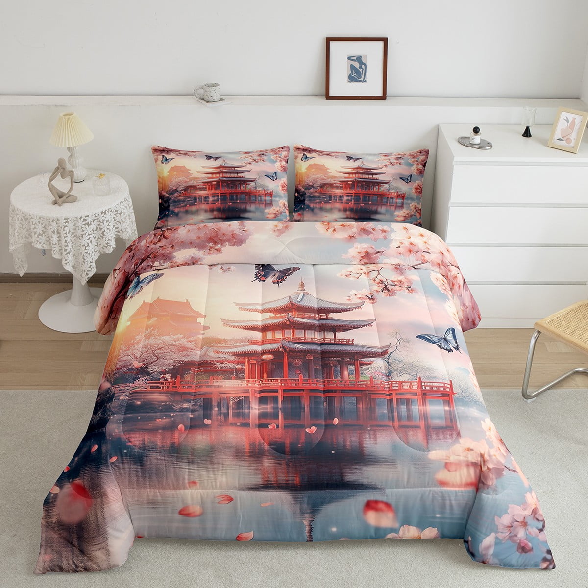 Japanese Bedding Comforter Sets 3D Red Pavilion Bedding Set Queen ...