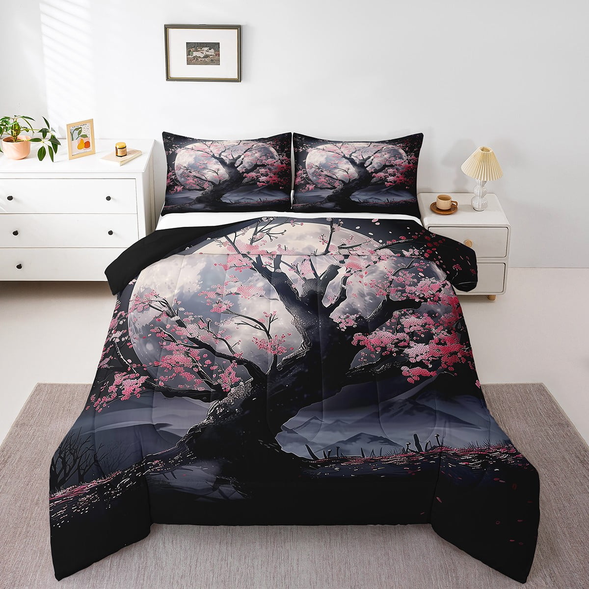 Japanese Bedding Set Moon Cherry Blossom Comforter Set King Black And ...