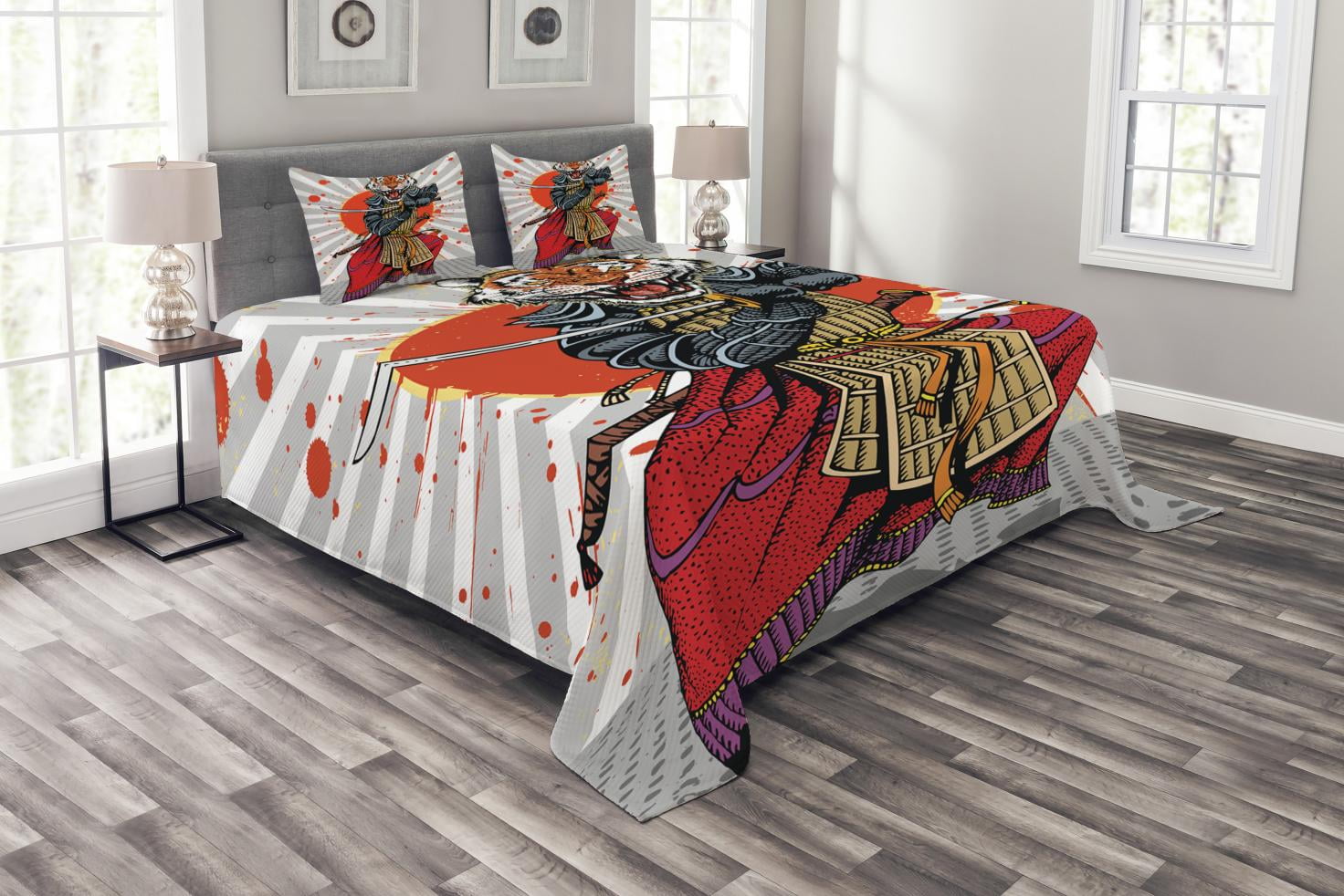 Japanese Bedspread Set Queen Size, Samurai Tiger with Traditional ...
