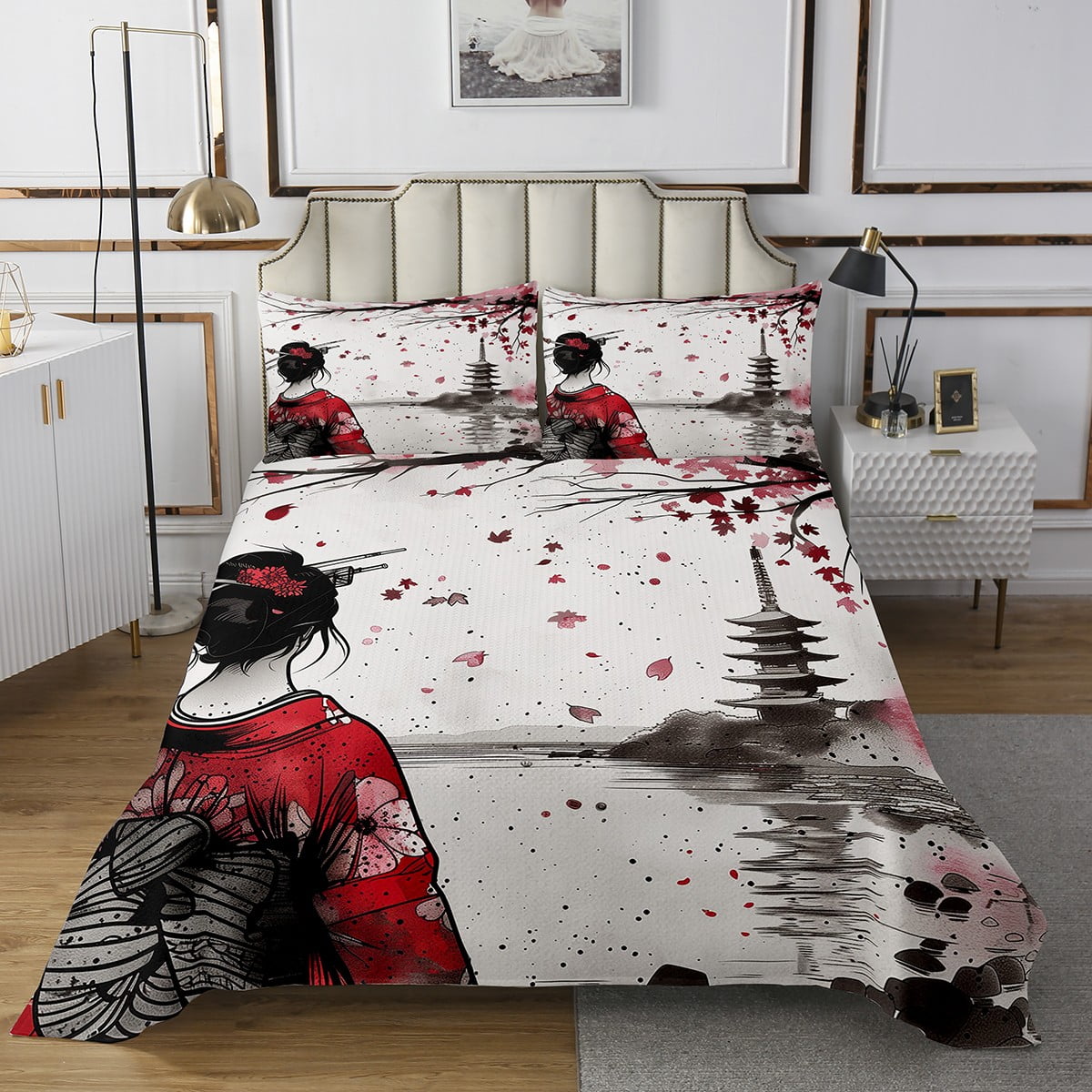Japanese Bedspread Set Ukiyo Style King Quilt Set Geisha Cherry Blossom ...